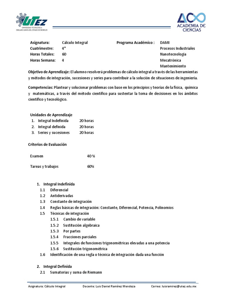 Cálculo Integral Temario | Descargar gratis PDF | Integral | Cálculo
