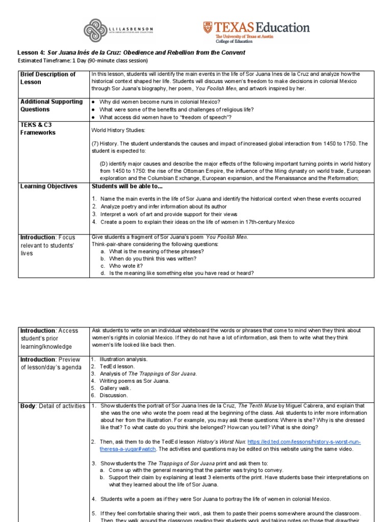 Lesson Colonial Latin America Women 4 Sor Juana | PDF