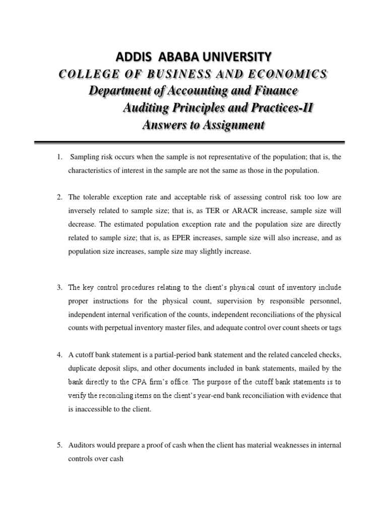 Auditing Principles and Practices II Assignment Answer | PDF | Banks | Receipt