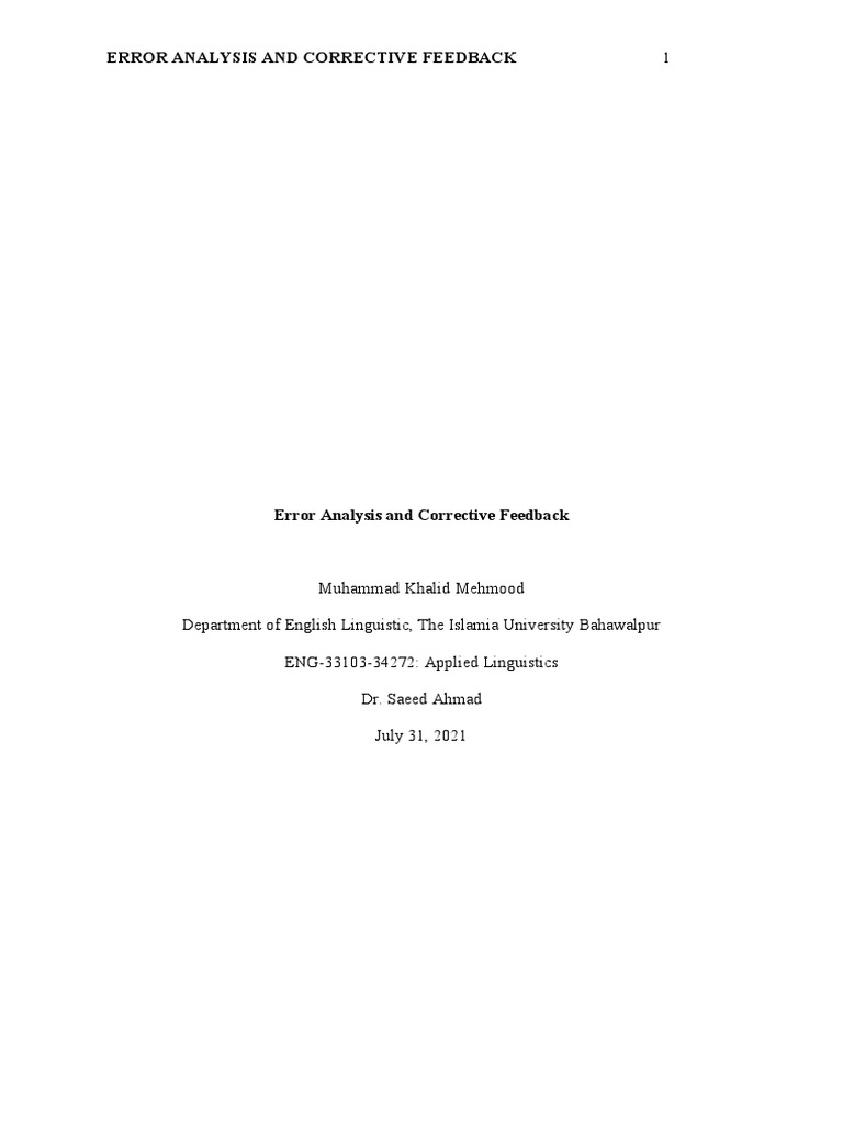 Analysis of Errors and Corrective Feedback in Second Language Learning: A Case Study | PDF ...