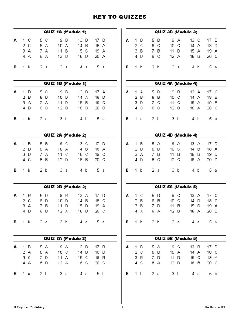 17 OnScreen C1 Quizzes Key | PDF | Quiz Games | Games Of Mental Skill