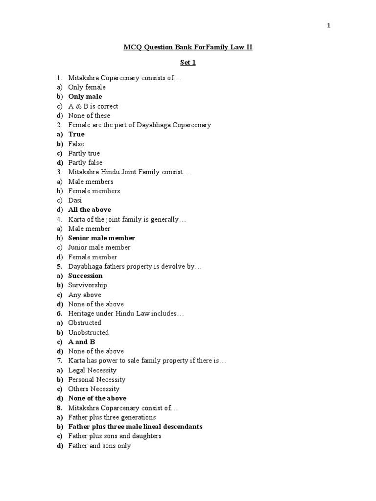 Family Law MCQs and Answers | PDF | Inheritance | Intestacy