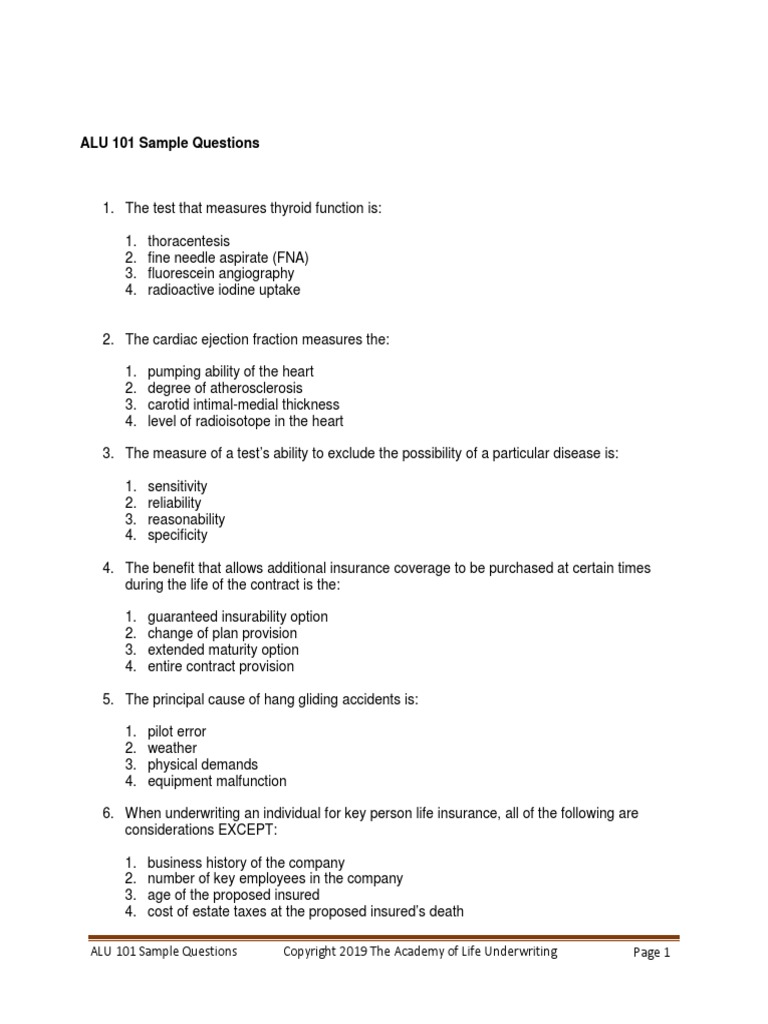 ALU 101 Sample Questions | PDF | Life Insurance | Sensitivity And Specificity