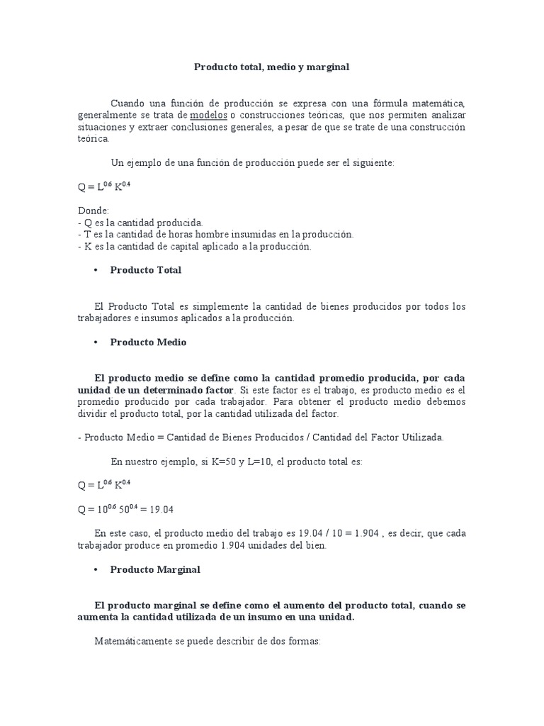 Producto Total, Medio y Marginal | PDF