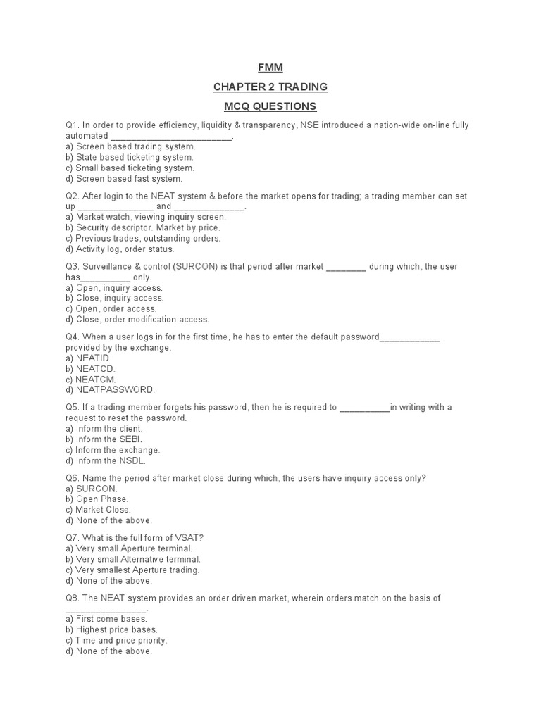 FMM Chapter 2 Trading MCQ Questions | PDF