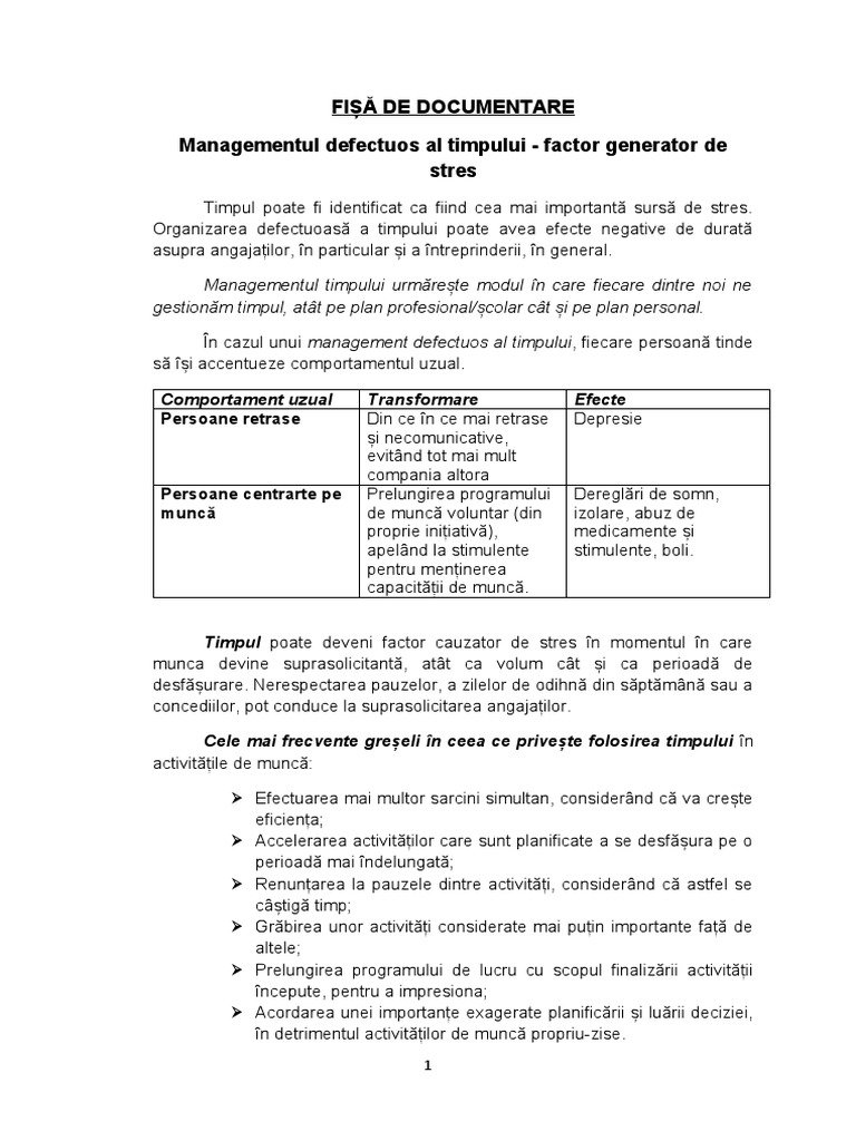 Fisa de Documentare - Managementul Timpului | PDF