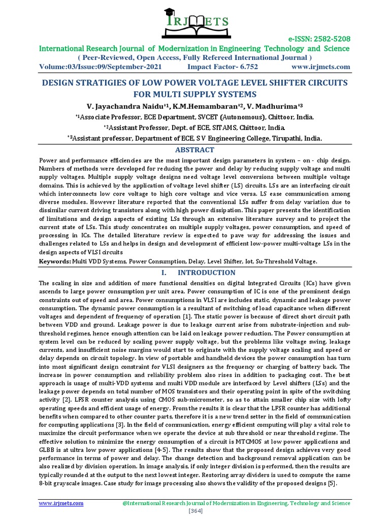 Design Stratigies of Low Power Voltage Level Shifter Circuits For Multi ...