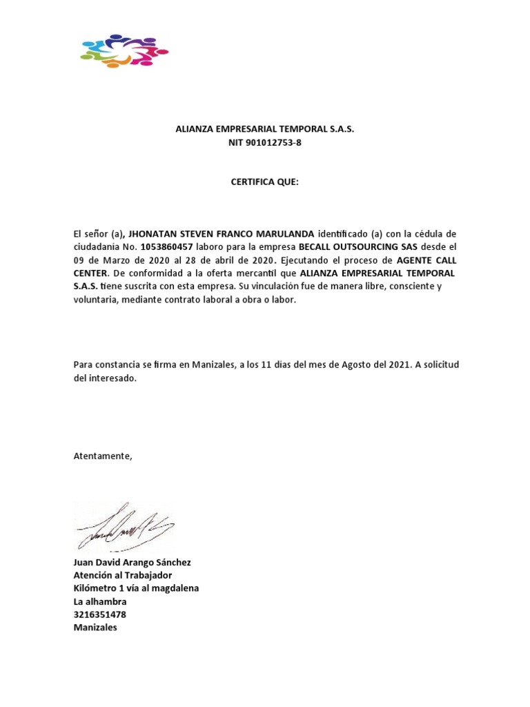 Carta Laboral Jhonatan Steven Franco Marulanda | PDF