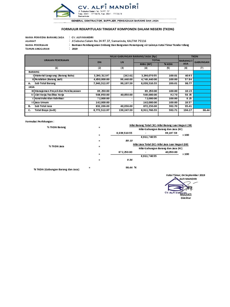 TKDN Embung CV. Alfi Mandiri | PDF