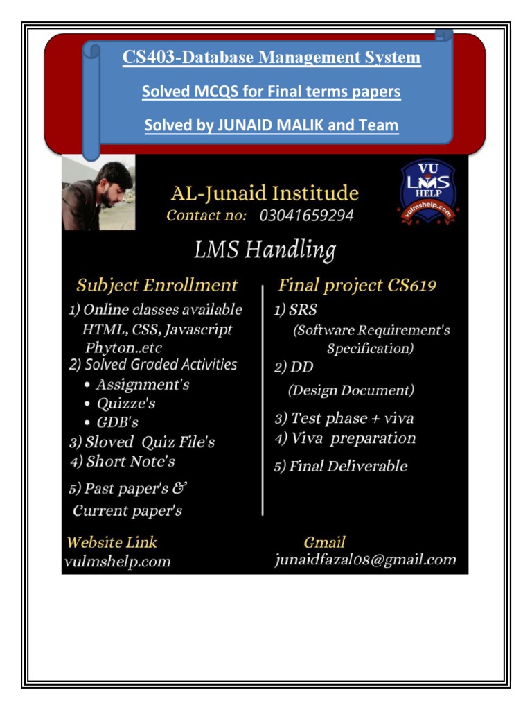 Cs403 Solved Mcqs Final Term by Junaid | PDF | Relational Database | Databases