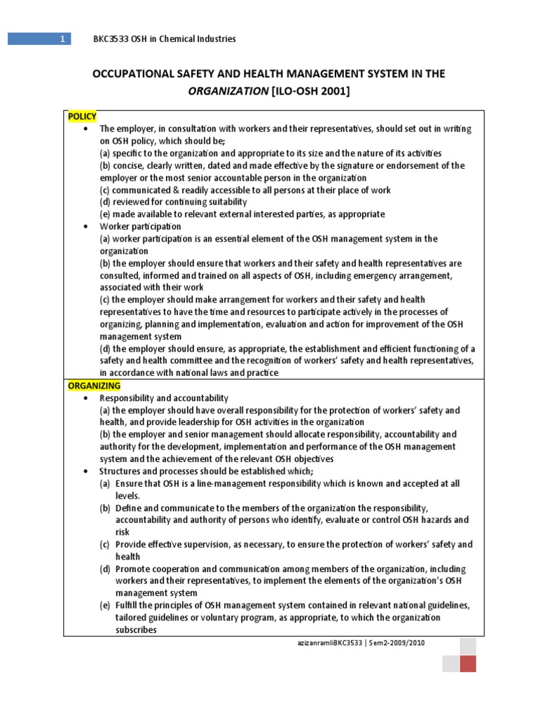 Occupational Safety and Health Management System in The: Organization ...