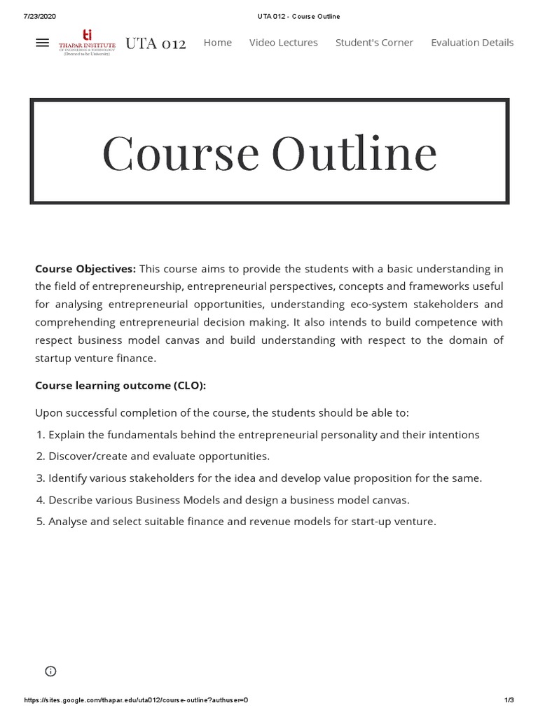 Introduction to Entrepreneurship: Course Outline for UTA 012 | PDF ...