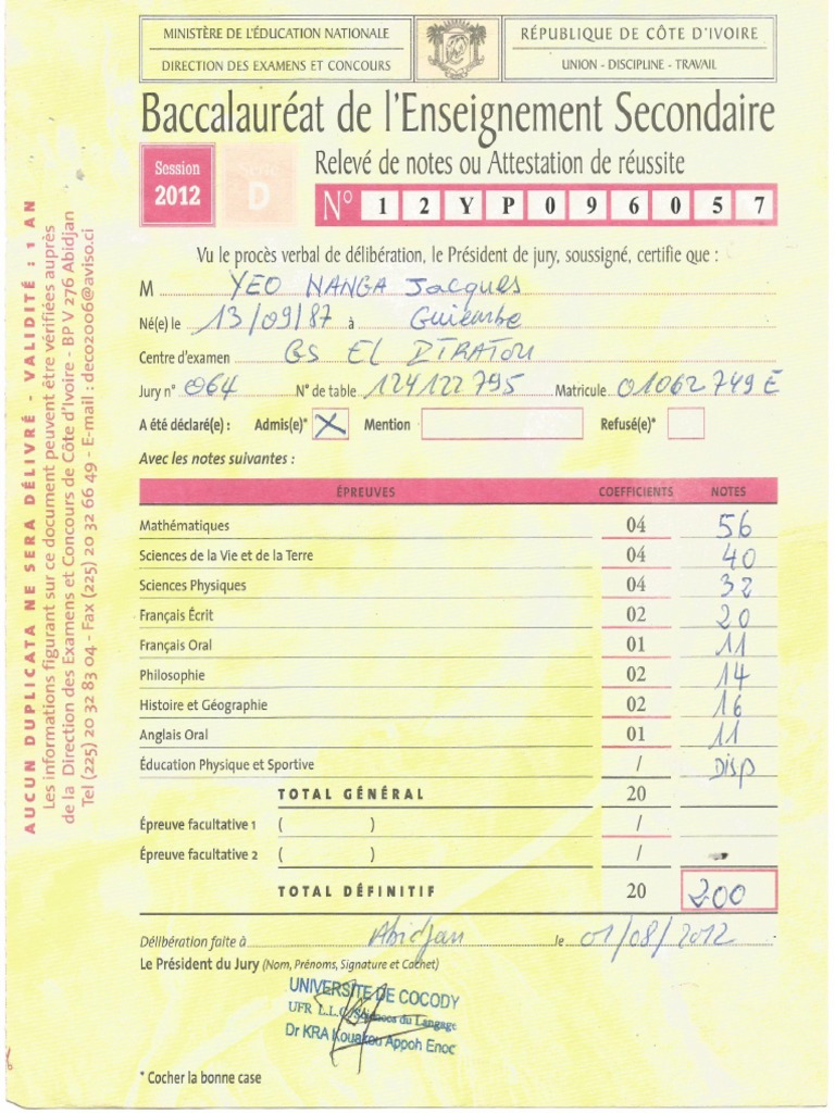 Relevé de Notes BAC D | PDF