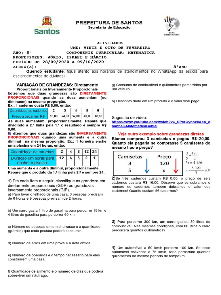 Matematica 8o Ano Vof 28092020 A 23102020 Pdf Equações Carro