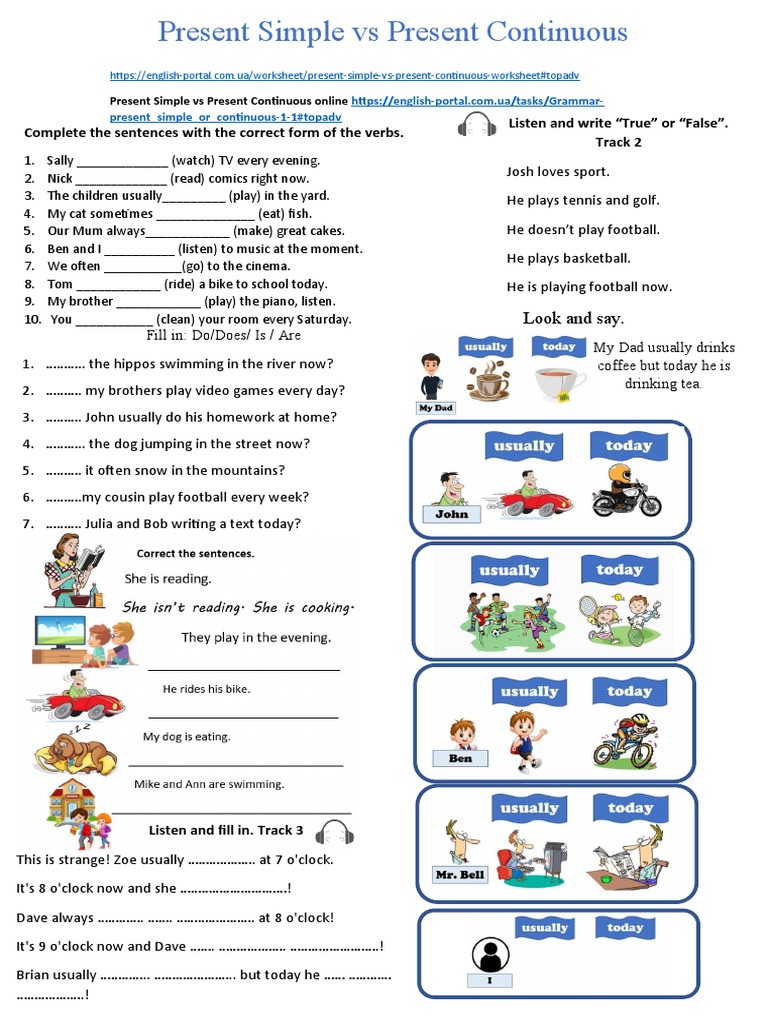 Present Simple vs Continuous Worksheet | PDF | Syntax | Grammar