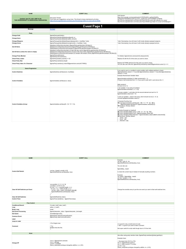 Rpg Maker Mv Mz Script Calls Event Pages Script Call Pdf