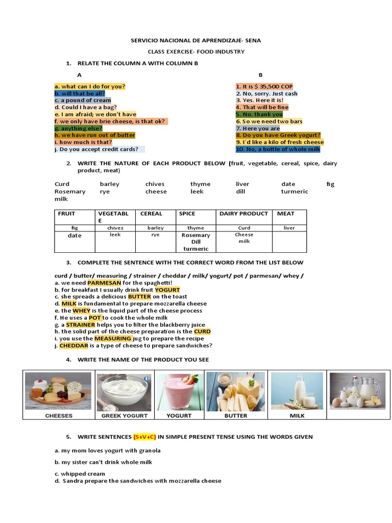 Dairy Products Exercise For Practicing Technical Vocabulary Lo | PDF ...