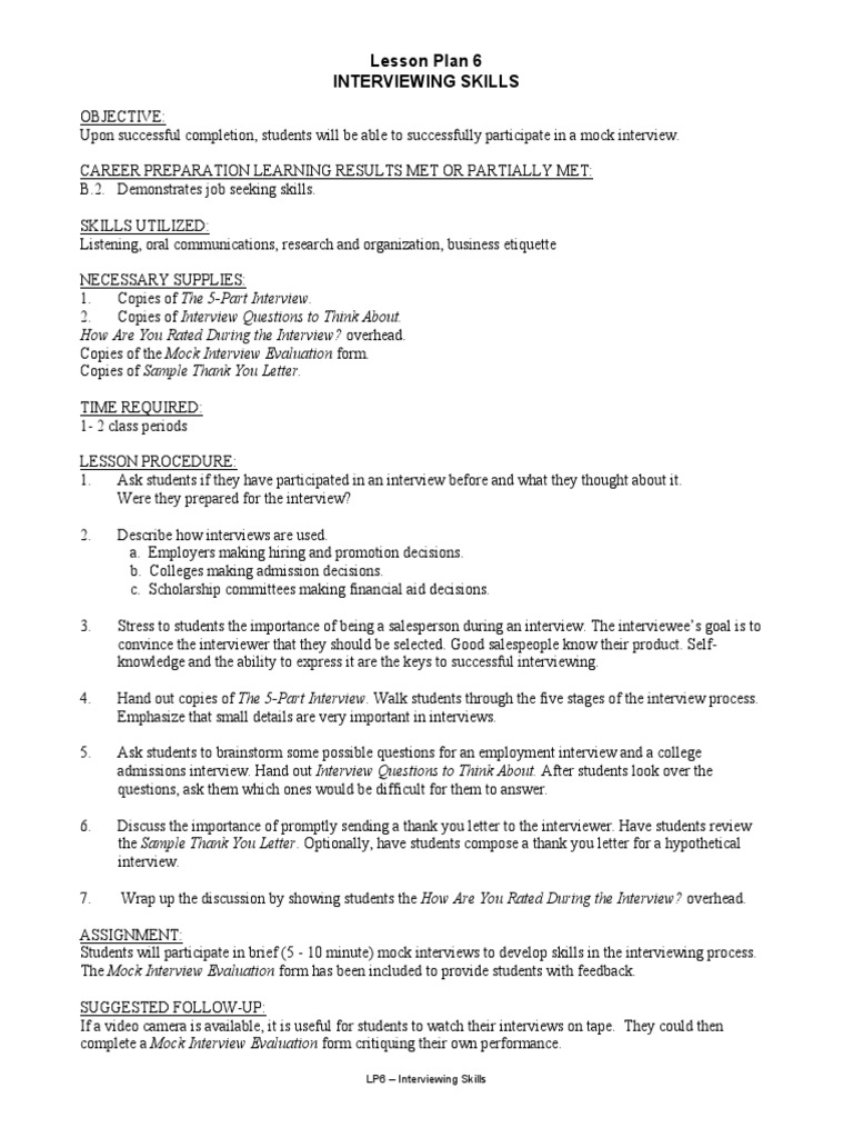 Lesson Plan 6 Interviewing Skills: How Are You Rated During The ...