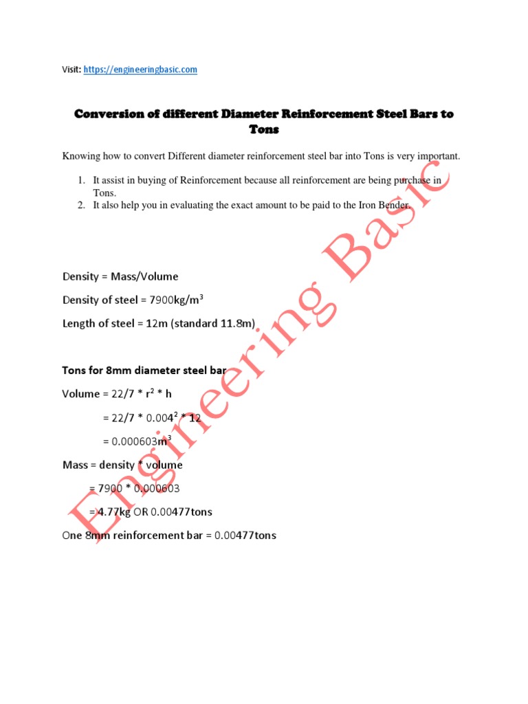 Conversion of Different Diameter Reinforcement Steel Bars to Tons: A ...