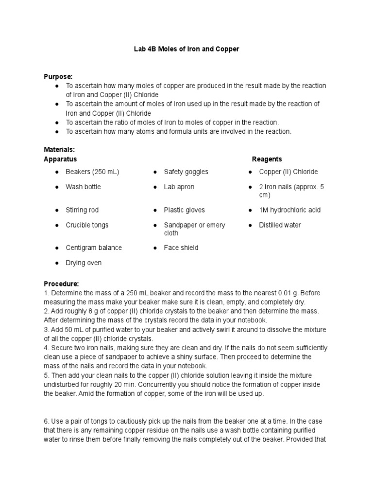 Lab 4B Moles of Iron and Copper | PDF | Mole (Unit) | Chemistry