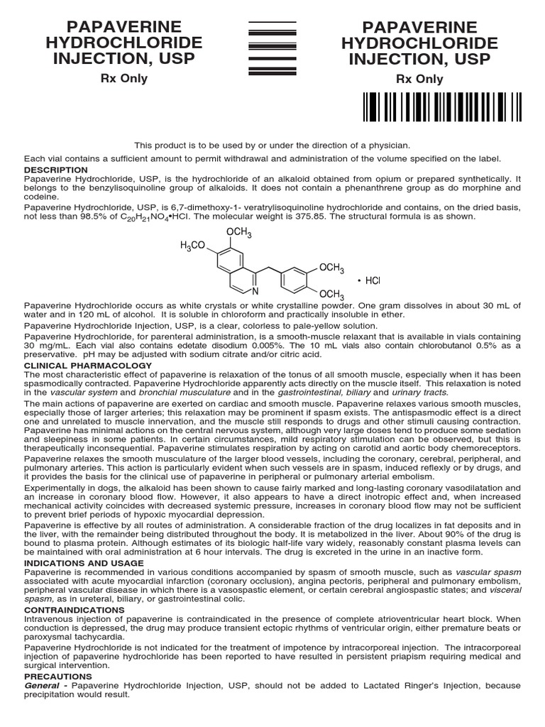 Papaverine Hydrochloride Injection Overview | PDF | Coronary ...