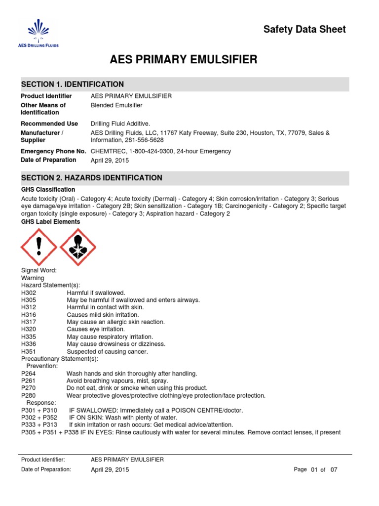 Aes Primary Emulsifier Sds 04 2015 Pdf Dangerous Goods Toxicity