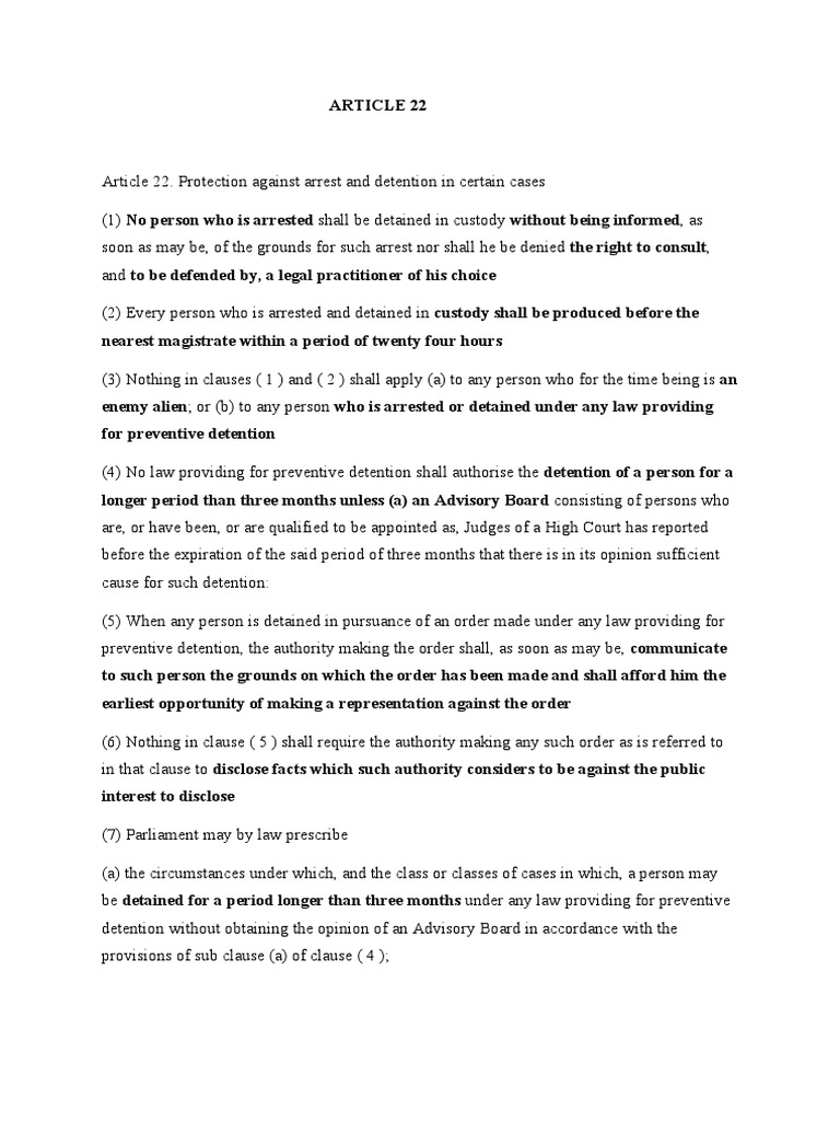 ARTICLE 22 (Students Notes) | PDF | Remand (Detention) | Arrest