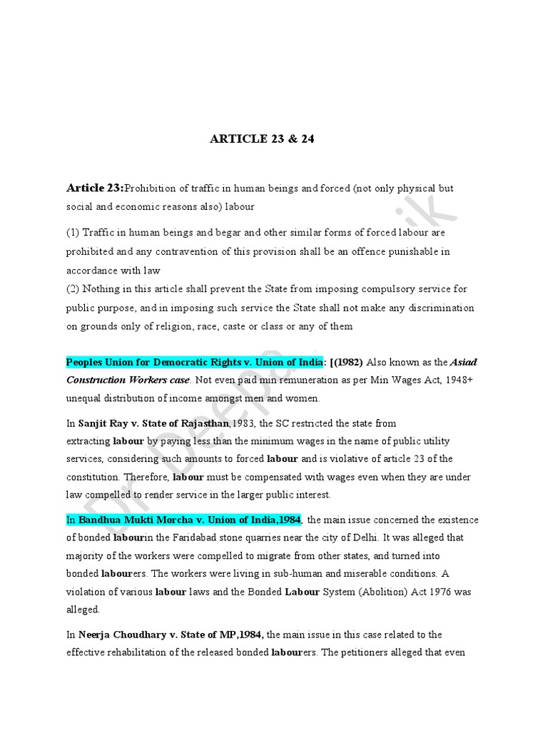 ARTICLE 23 & 24: Peoples Union For Democratic Rights v. Union of India ...