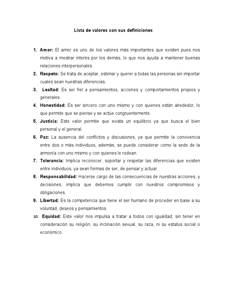 Lista de Valores Con Sus Definiciones | PDF