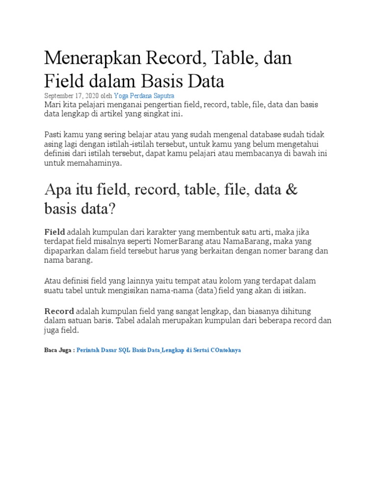 Pengertian Field dan Record Database | PDF