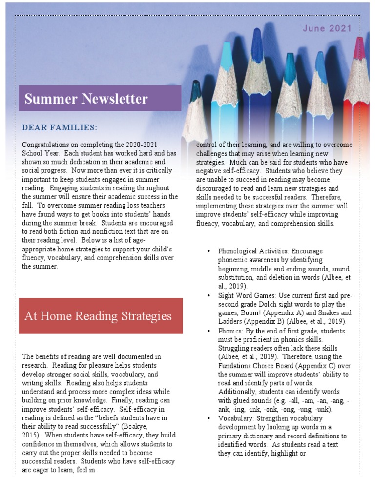 Lit 5333 - Summer Newsletter | PDF | Reading Comprehension | Phonics