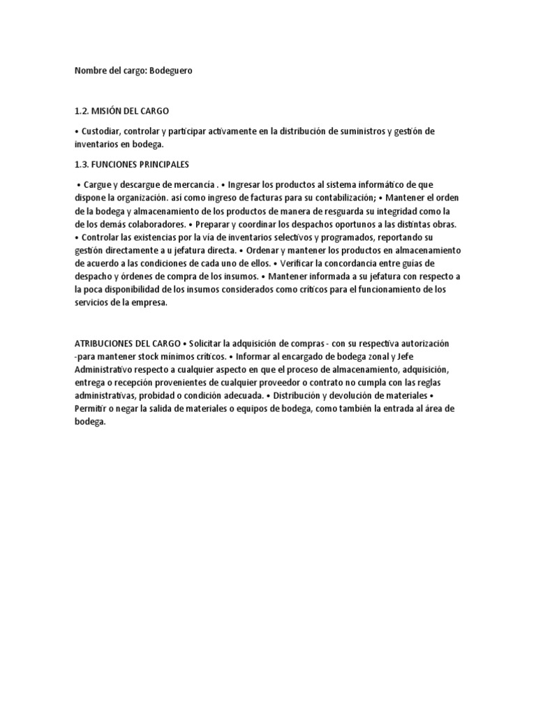 Funciones Bodeguero | PDF