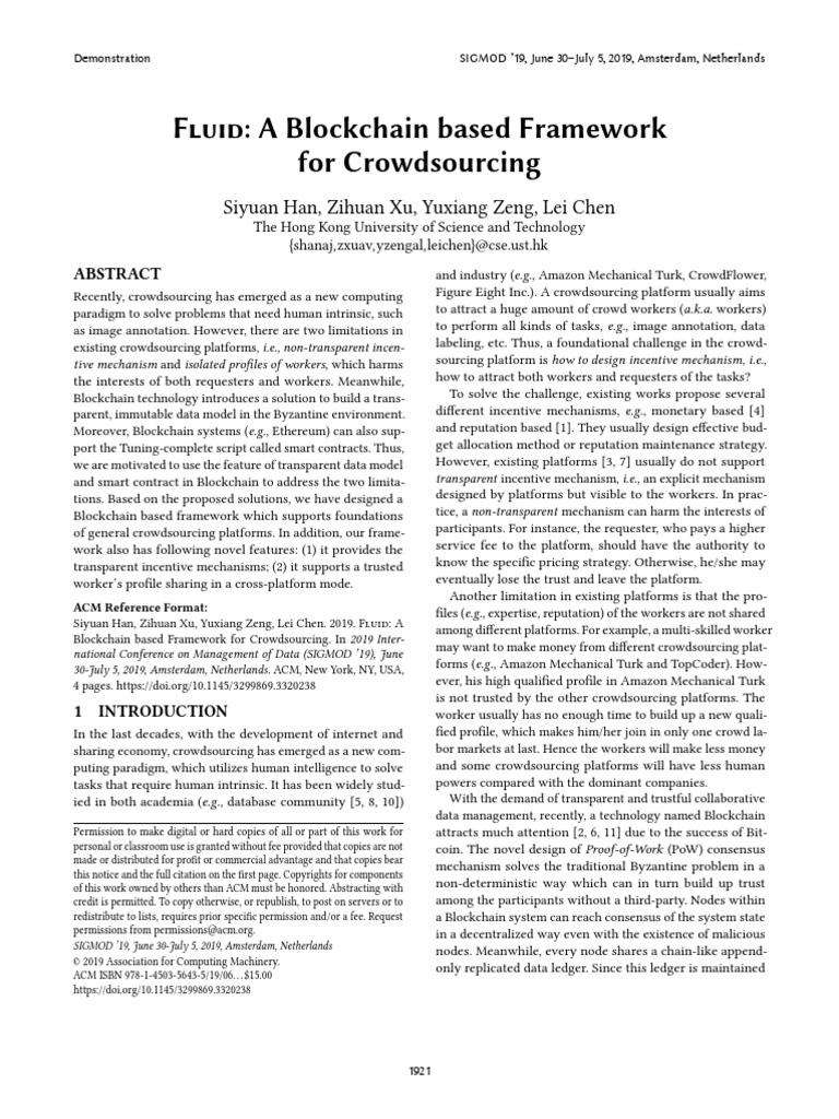 Fluid: A Blockchain Based Framework For Crowdsourcing: Siyuan Han, Zihuan Xu, Yuxiang Zeng, Lei ...