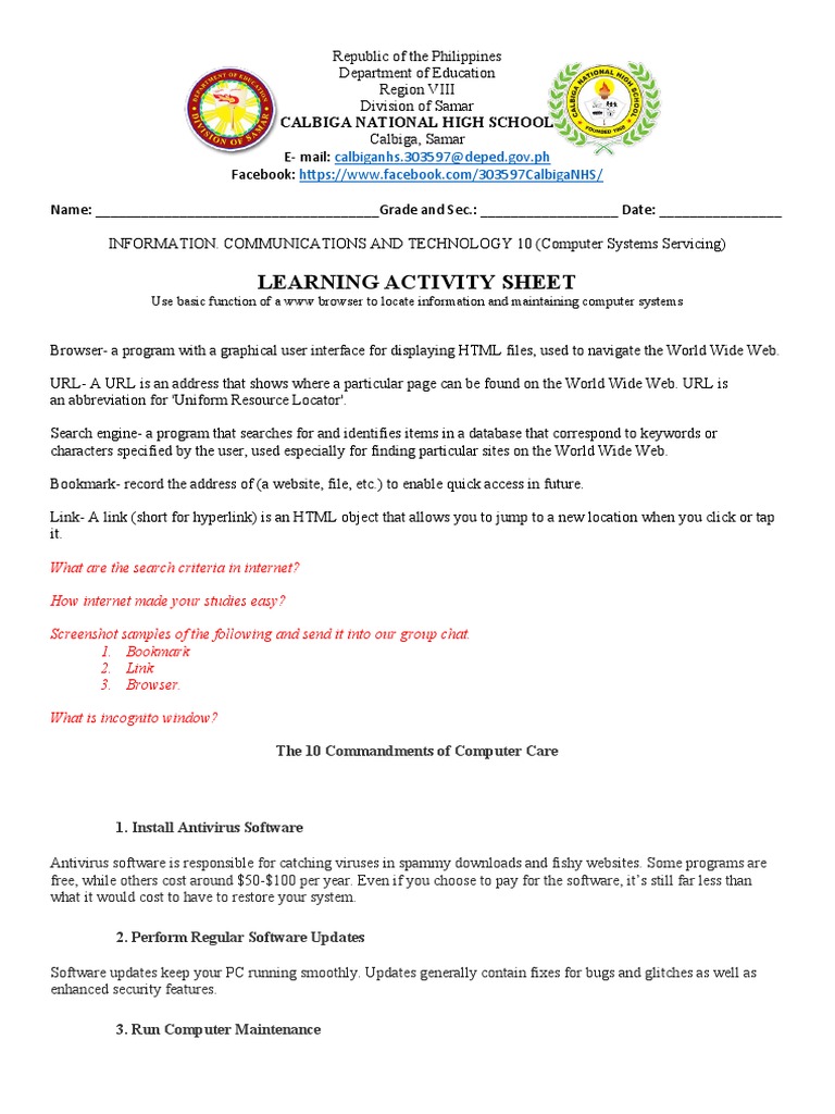 Maintaining Computer Systems: A Learning Activity Sheet on Basic ...