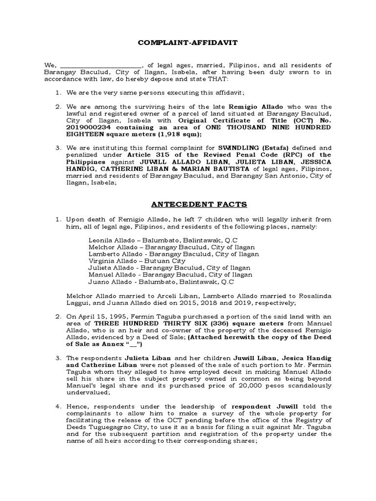 Complaint For Estafa | PDF | Deed | Affidavit