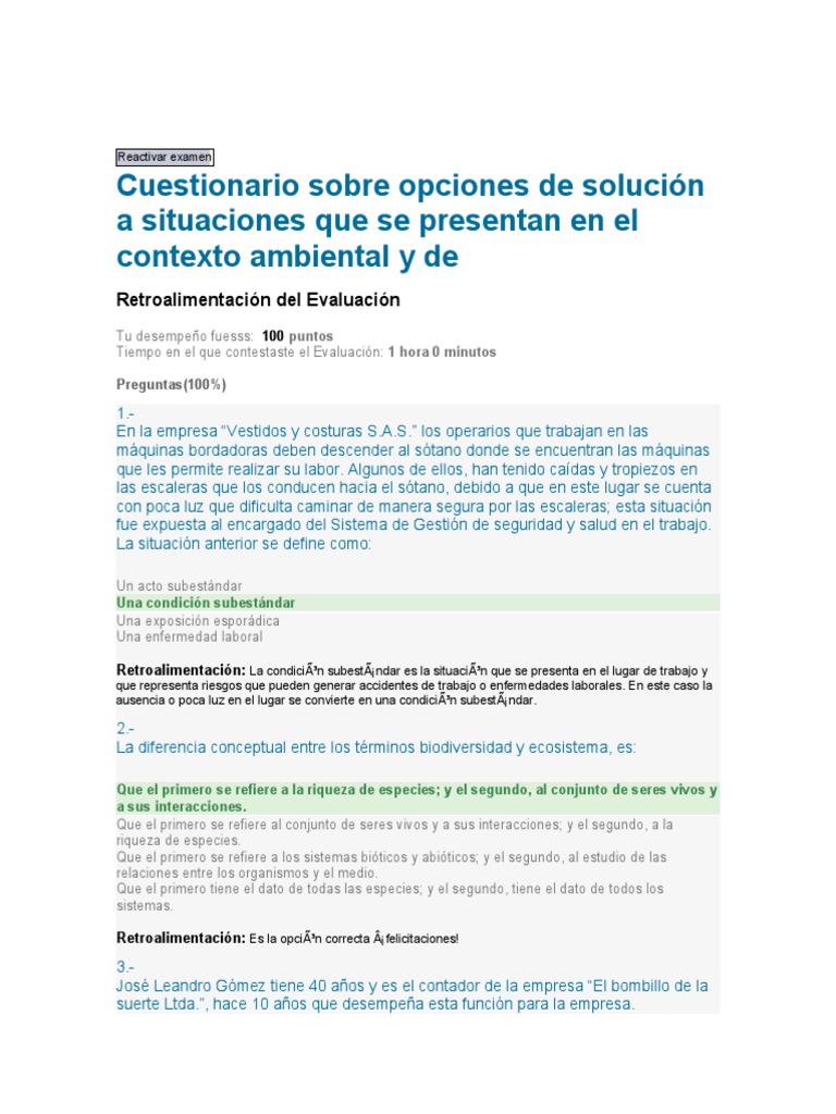 Evaluacion SST y Medio Ambiente FINAL 100 % | PDF | Ecosistema ...