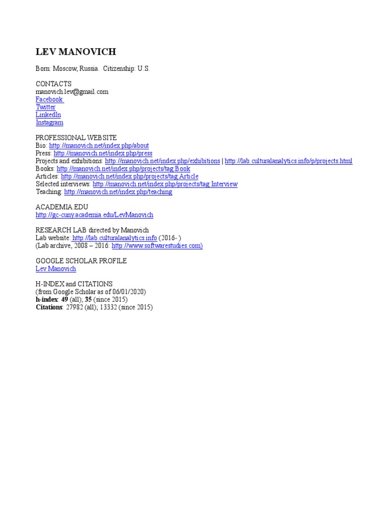 Manovich CV | PDF | Visualization (Graphics) | Software