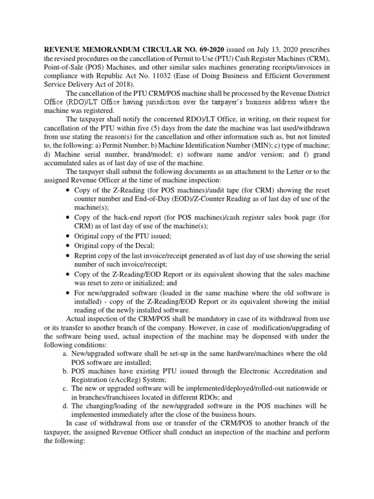 RMC 69-2020 POS Cancellation New Requirement | PDF | Point Of Sale ...