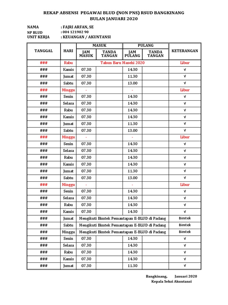 Rekap Absensi Pegawai BLUD RSUD Bulanan | PDF