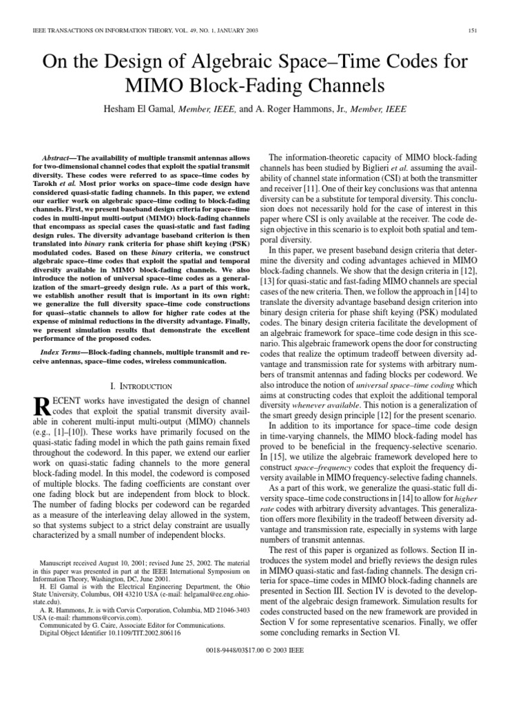 On The Design of Algebraic Space-Time Codes For MIMO Block-Fading Channels | PDF | Mimo | Modulation