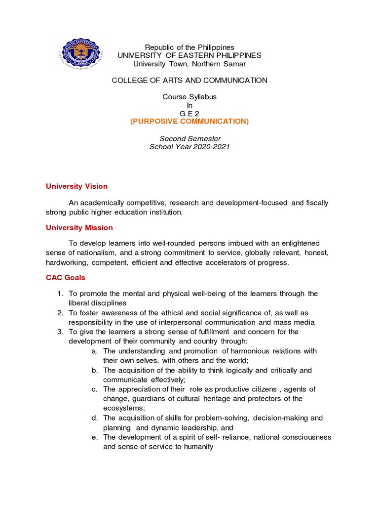 Purposive Communication Course Syllabus | PDF | Communication | Psychology