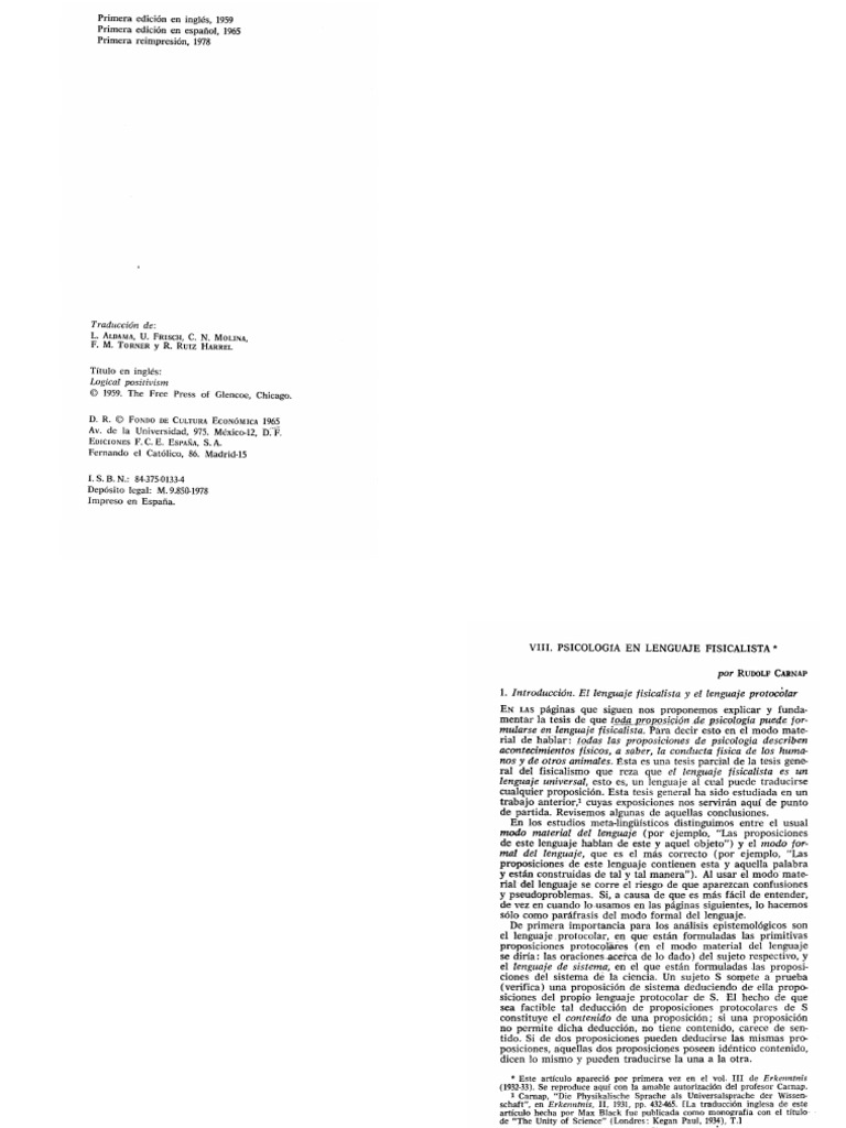 Carnap Psicologia en Lenguaje Fisicalista | PDF