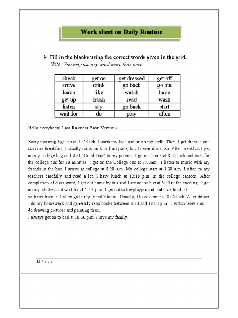 Work Sheet On Daily Routine: Fill in The Blanks Using The Correct Words ...
