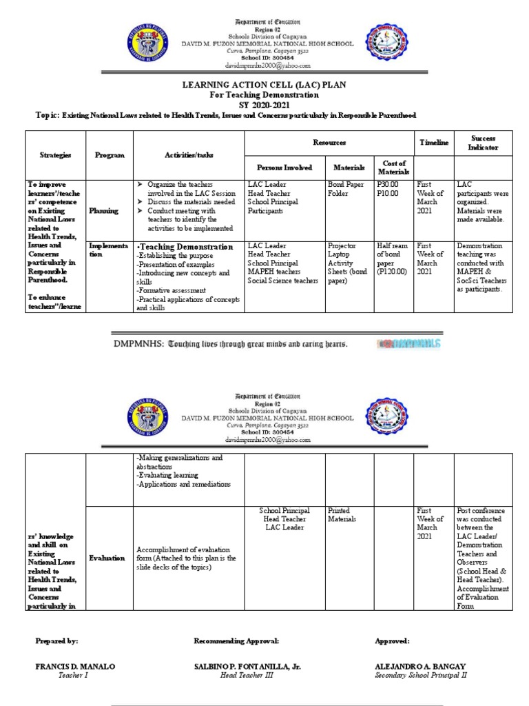 Learning Action Cell (Lac) Plan For Teaching Demonstration SY 2020-2021 ...