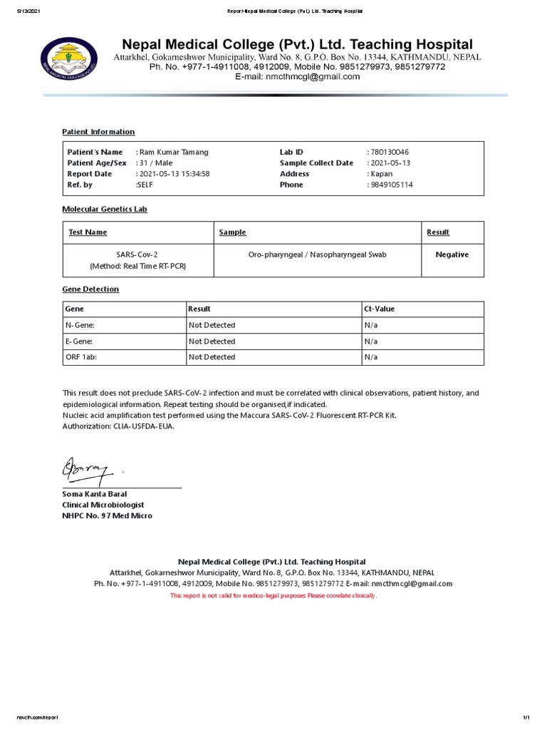Teku Hospital Lab Report: SARS-CoV-2 Test | PDF | Reverse Transcription ...