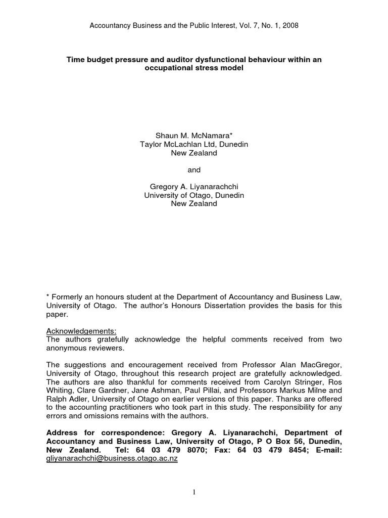 Time Budget Pressure and Auditor Dysfunctional Behaviour Within An ...