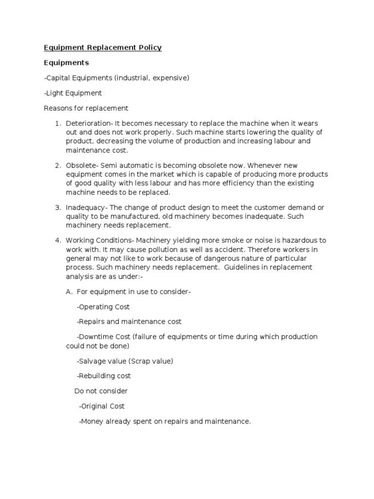 Equipment Replacement Policy | PDF | Cost | Scrap