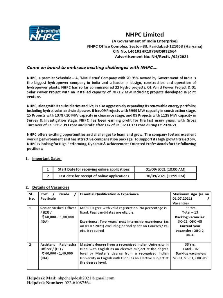 NHPC Limited: Come On Board To Embrace Exciting Challenges With NHPC | PDF