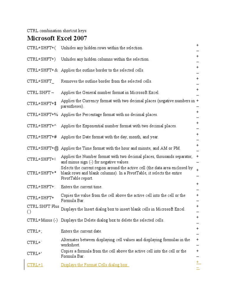 Microsoft Excel 2007: CTRL+1 Displays The Format Cells Dialog Box. + | PDF | Microsoft Excel ...