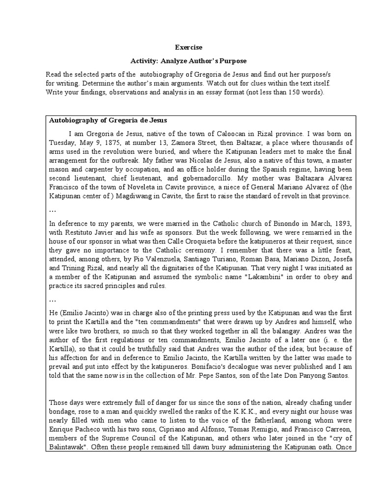 Exercise Activity: Analyze Author's Purpose | PDF | Philippines